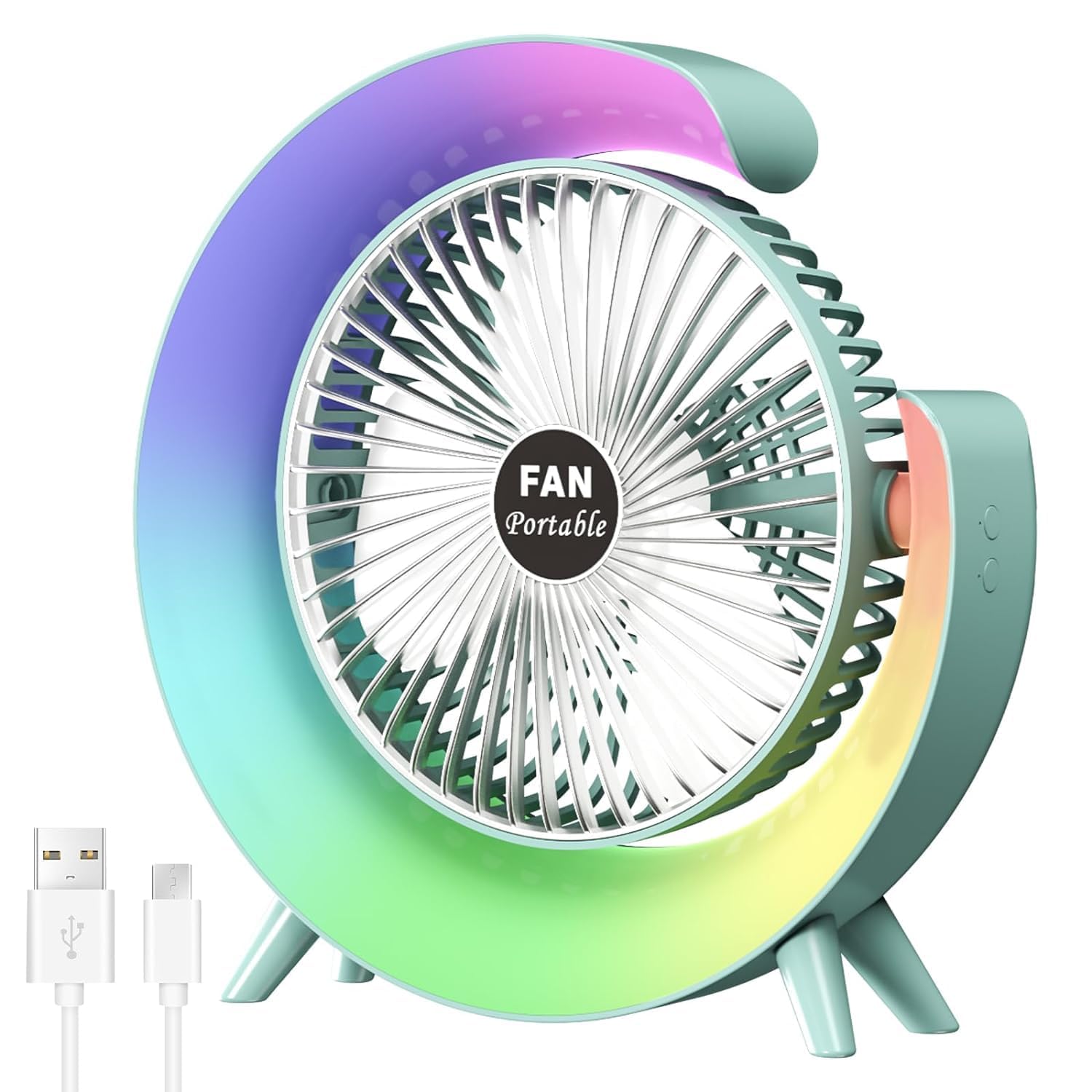 GFan: RGB LED Rechargeable Desk Fan with 3 Speeds – 180° Adjustable, U