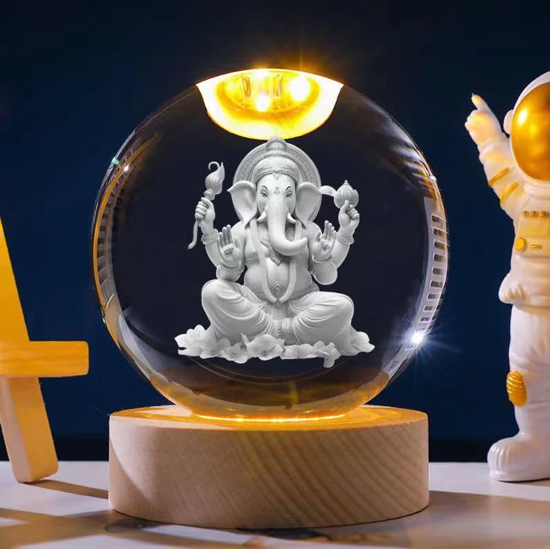Ganpati: 3D LED Ganpati Ji Crystal Ball Night Lamp with USB-Powered Co