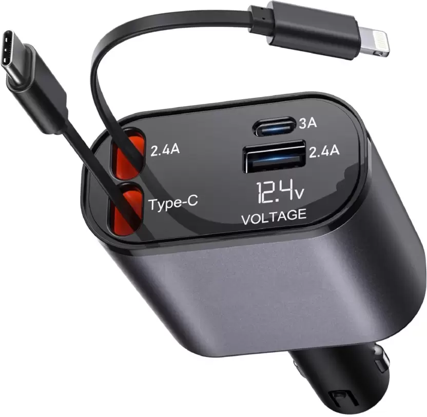 Terminal: 120W 4-in-1 Retractable Car Charger with Voltmeter, QC & PD